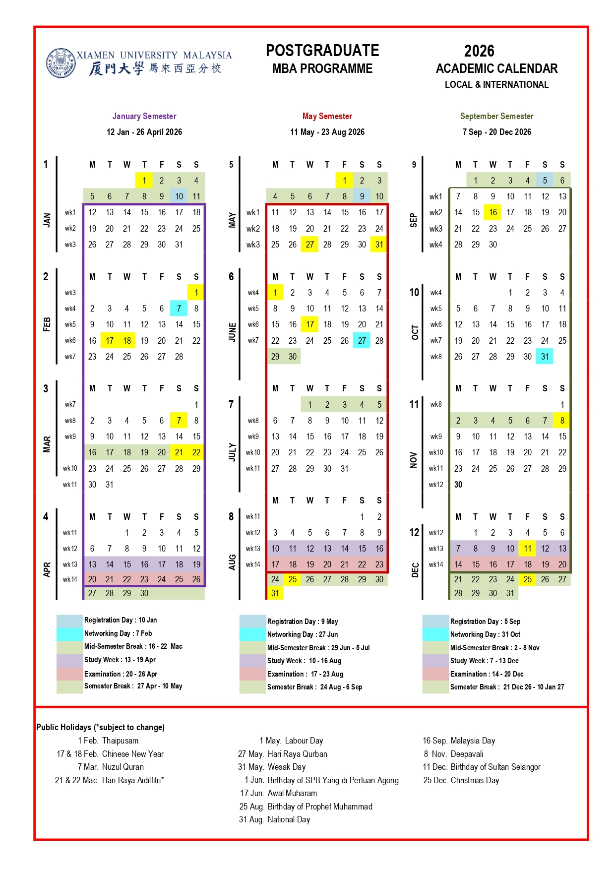 Academic Calendar | Xiamen University Malaysia